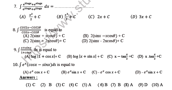 CBSE Class 12 Mathematics Indefinite and Definite Integrals MCQs with Answers